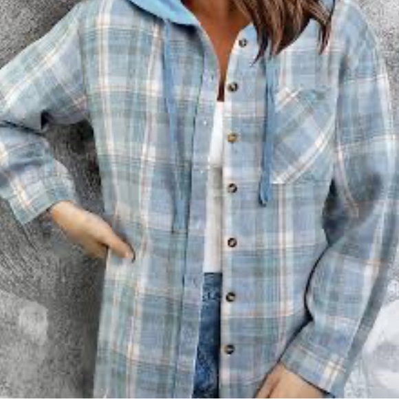 Tops | 33418 Light Blue Plaid Hooded Shirt Jacket | Poshmark